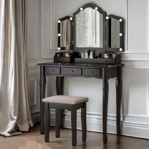 nedyo vanity table, vintage vanity desk with mirror and lights, tri-fold mirror small makeup vanity with chair, vanity set for bedroom and small spaces. carbon black