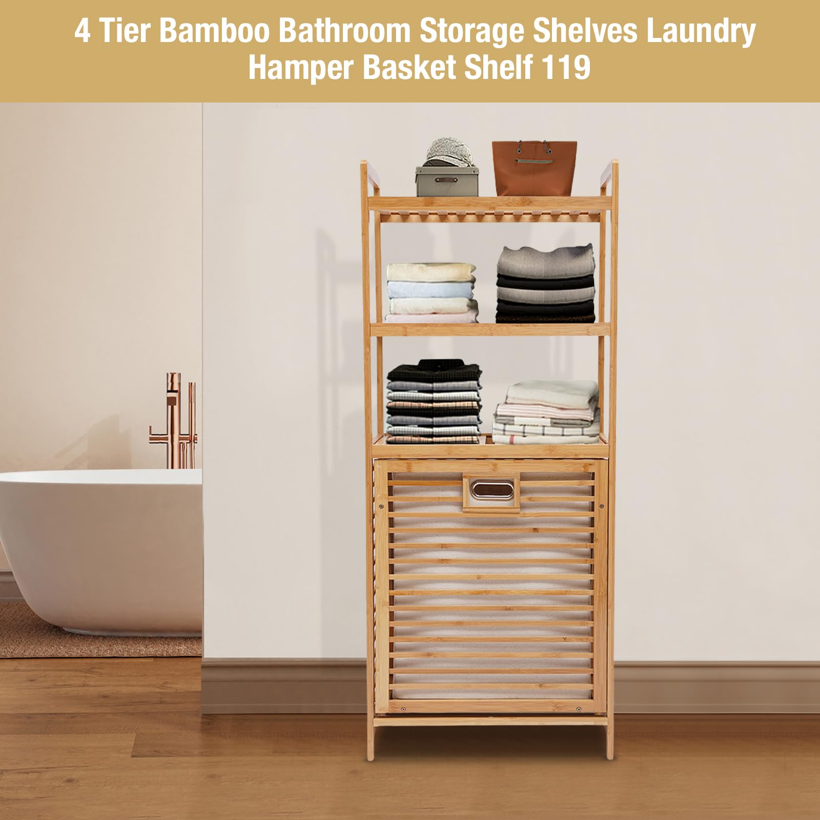 4-Tier Laundry Hamper,Bamboo Laundry Organizerm, Tilt-Out Laundry Linen Hamper Storage Shelf Cabinet with Shelf and Removable Liner, for Bathroom Living Room Bedroom Storage Laundry Shelf