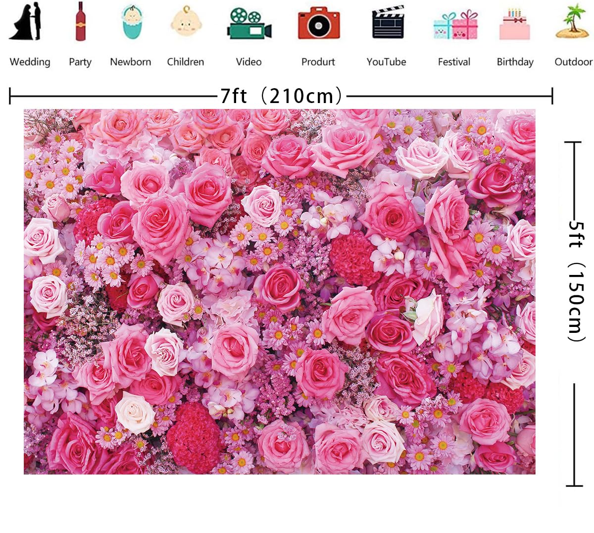 Pink Flower Wall Backdrop Rose Floral Photography Background for Girls Bridal Shower Wedding Party Banner Decorations Women Birthday Party Supplies Photo Props (7x5FT)