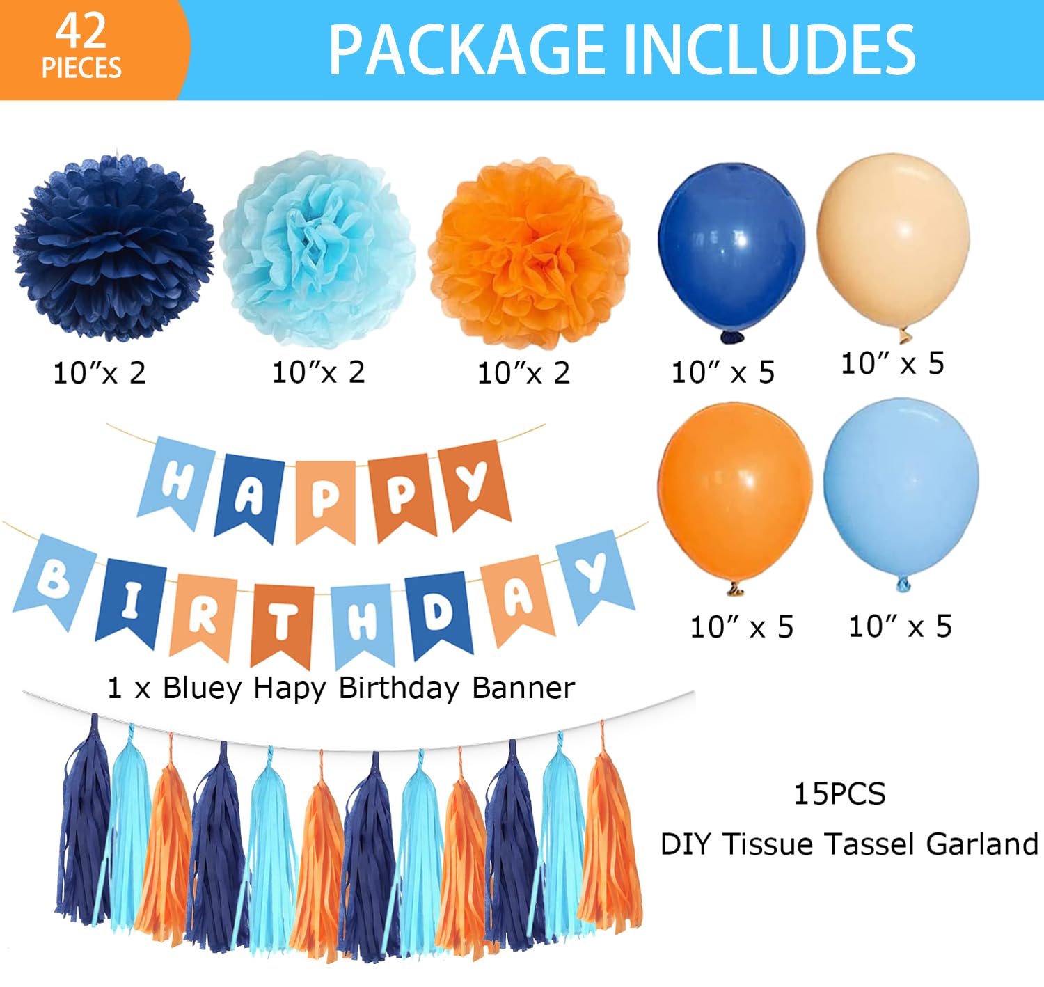 42PCS Navy Light Blue Aqua Orange Blue Dog 1st 2 3 5 Birthday Party Decorations for Boys Girls Balloons Banner Tissue Flower Pom poms Tassel Garland Hanging Backdrop Birthday Nursery Décor