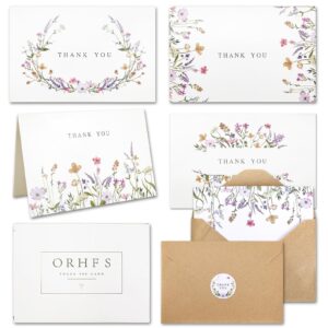 generic floral thank you cards with envelopes (bulk 20-4x6) -wildflower thank you notes with envelopes -perfect for birthday, wedding, bridal shower and baby shower, white