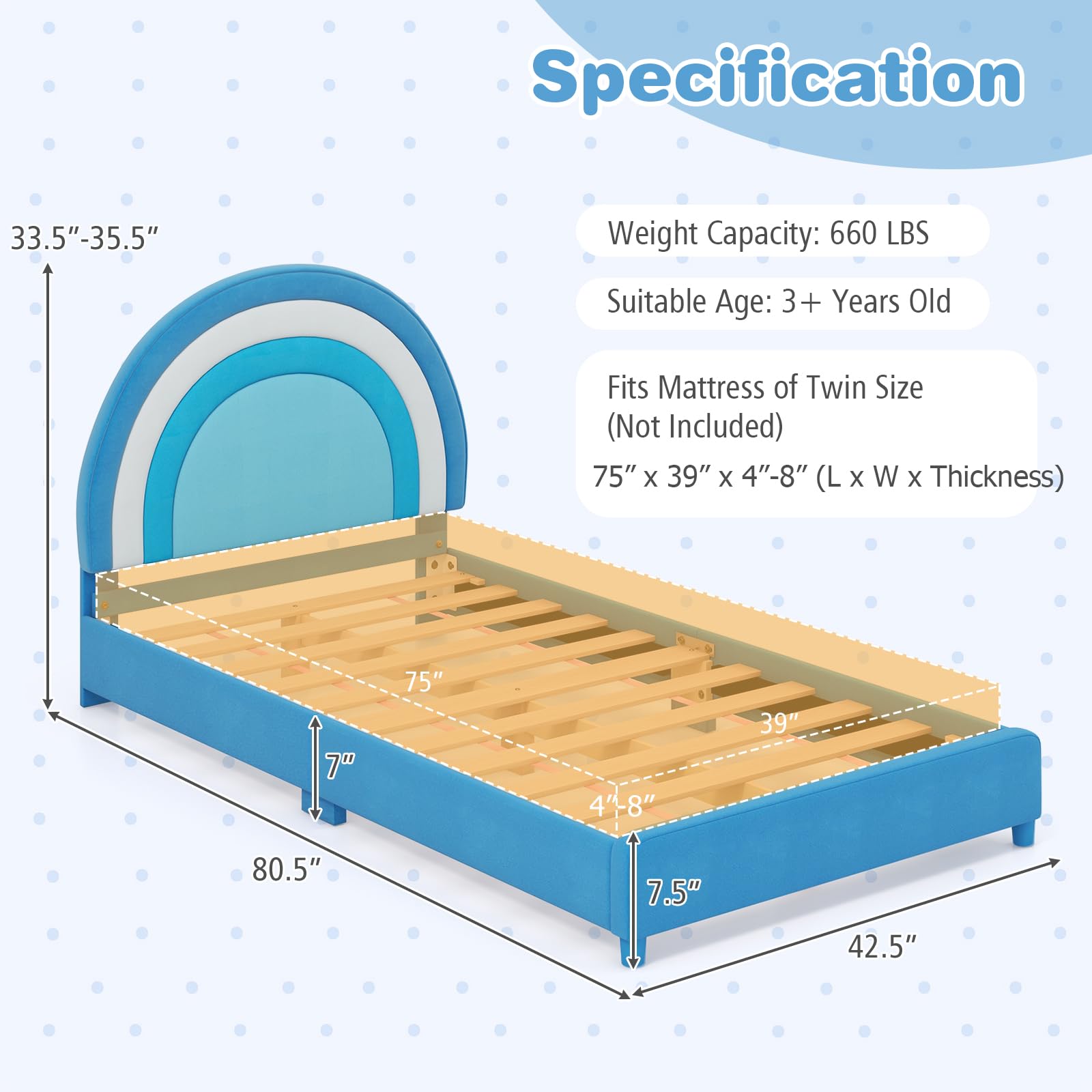 Costzon Twin Bed Frames for Kids, Upholstered Wooden Kids Bed w/Adjustable Headboard, Slats Support, 660 LBS Weight Cap, No Box Spring Needed, Easy Assembly, Twin Platform Bed Frame (Blue Rainbow)