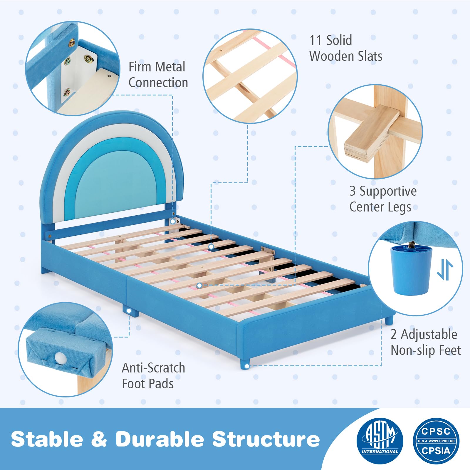 Costzon Twin Bed Frames for Kids, Upholstered Wooden Kids Bed w/Adjustable Headboard, Slats Support, 660 LBS Weight Cap, No Box Spring Needed, Easy Assembly, Twin Platform Bed Frame (Blue Rainbow)