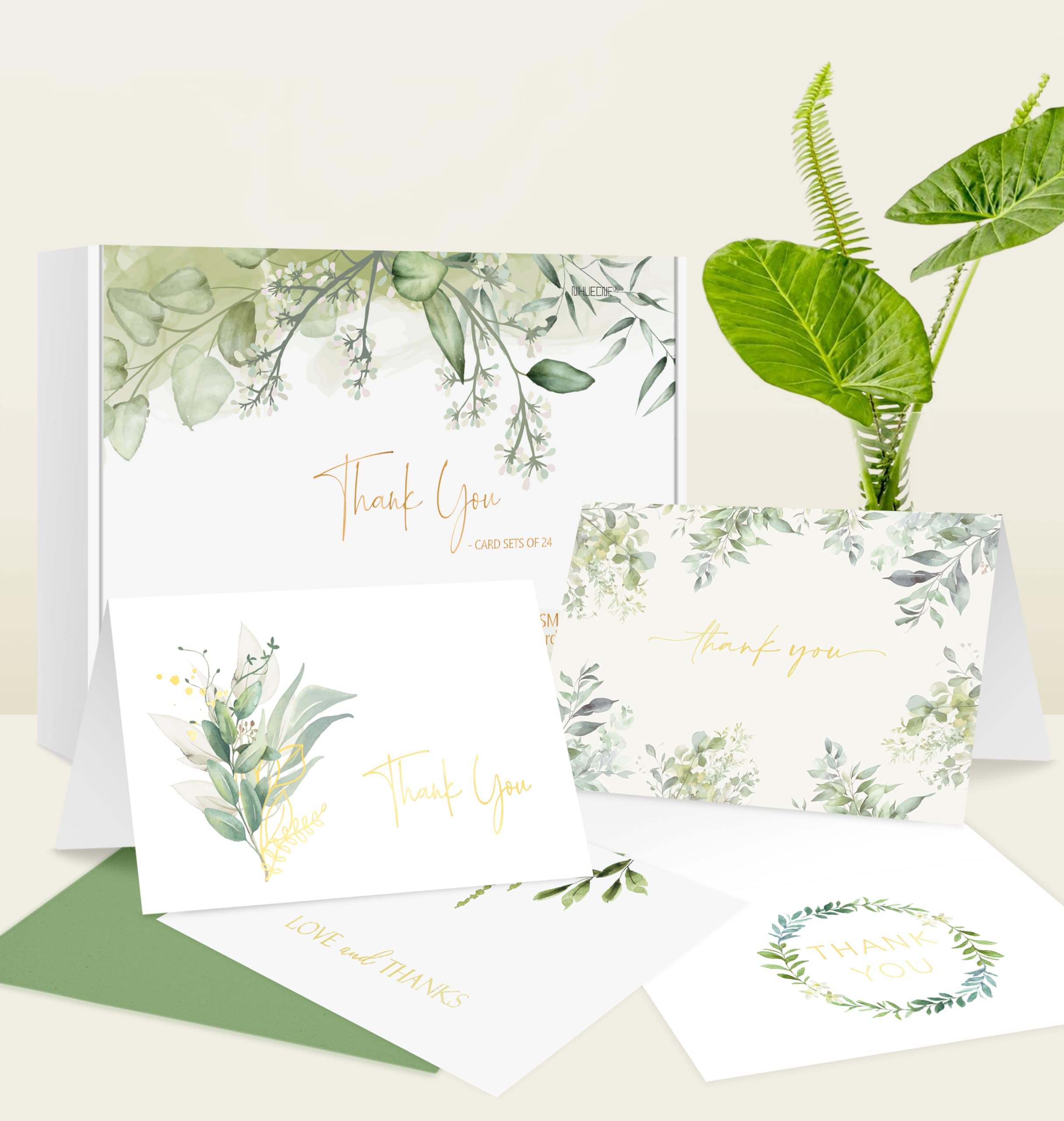 24 Pack Gold Foil Greenery Thank You Cards with Self-adhesive Envelopes, 4"x6" Boxed Watercolor Thank You Note Cards for Bridal Shower, Wedding or Baby Shower, 24 Unique Designs