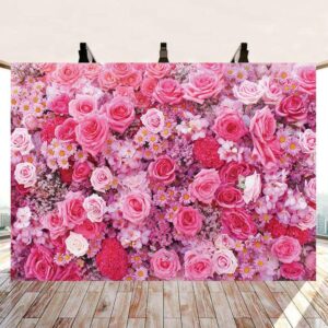 Pink Flower Wall Backdrop Rose Floral Photography Background for Girls Bridal Shower Wedding Party Banner Decorations Women Birthday Party Supplies Photo Props (7x5FT)