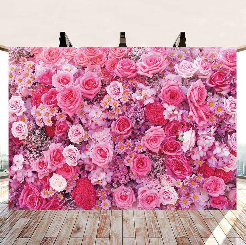 Pink Flower Wall Backdrop Rose Floral Photography Background for Girls Bridal Shower Wedding Party Banner Decorations Women Birthday Party Supplies Photo Props (7x5FT)