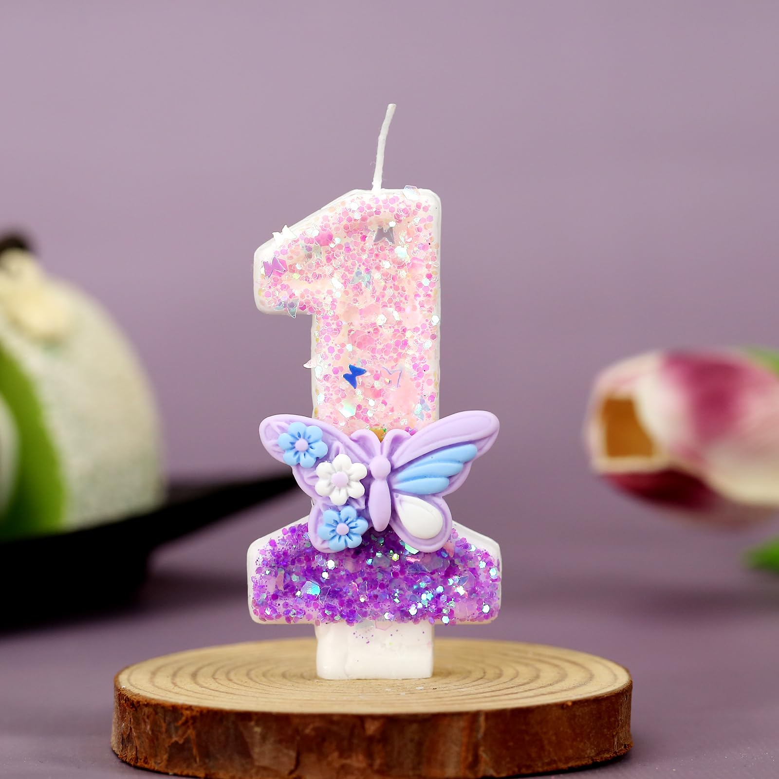 Birthday Number Candles Pink and Purple Butterfly Birthday Candles for Cake Glitter Number 1 Candle Cake Topper with Sequins for Girls and Women Anniversary Celebrations Supplies