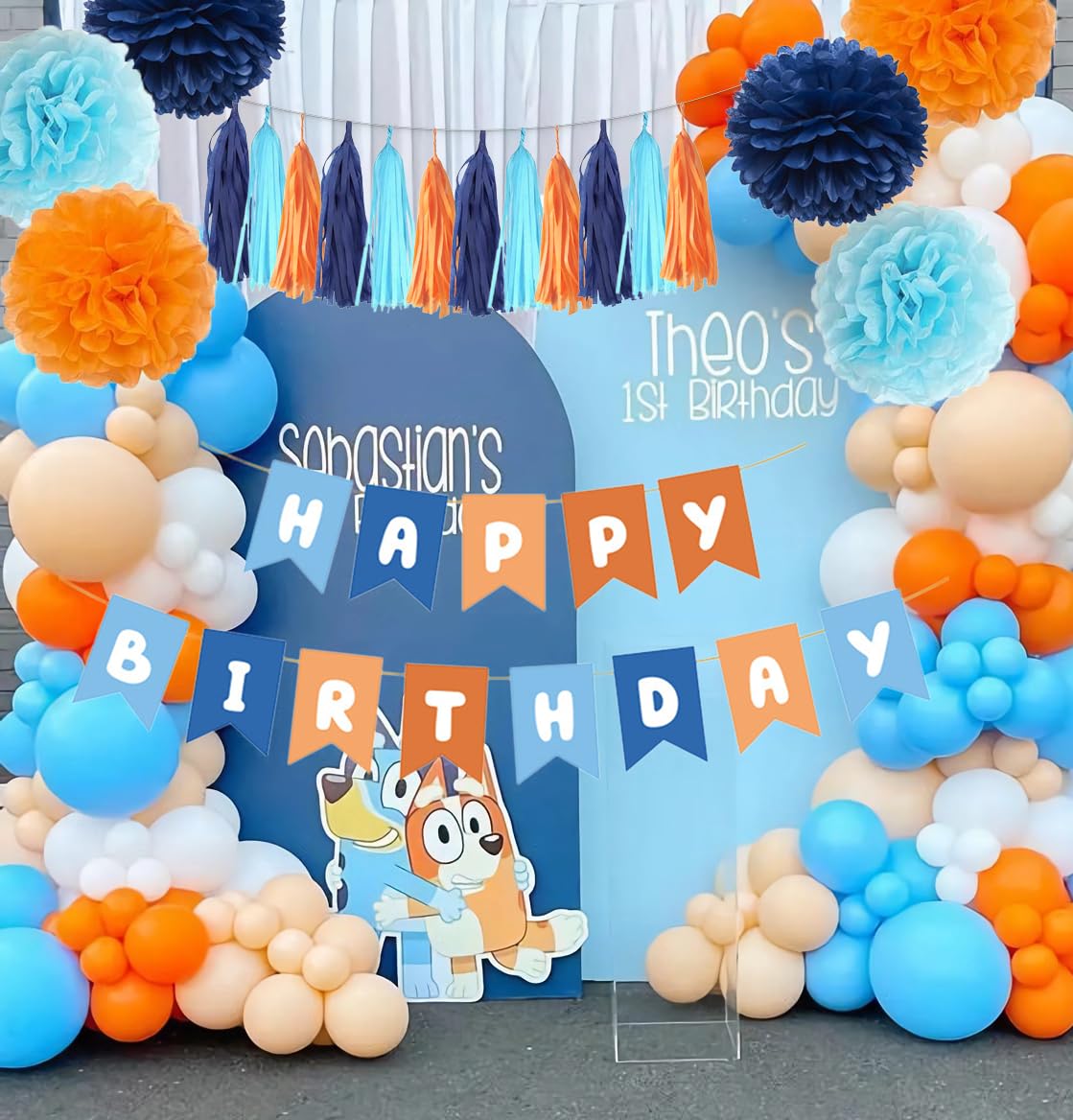 42PCS Navy Light Blue Aqua Orange Blue Dog 1st 2 3 5 Birthday Party Decorations for Boys Girls Balloons Banner Tissue Flower Pom poms Tassel Garland Hanging Backdrop Birthday Nursery Décor