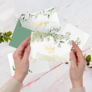 24 Pack Gold Foil Greenery Thank You Cards with Self-adhesive Envelopes, 4"x6" Boxed Watercolor Thank You Note Cards for Bridal Shower, Wedding or Baby Shower, 24 Unique Designs