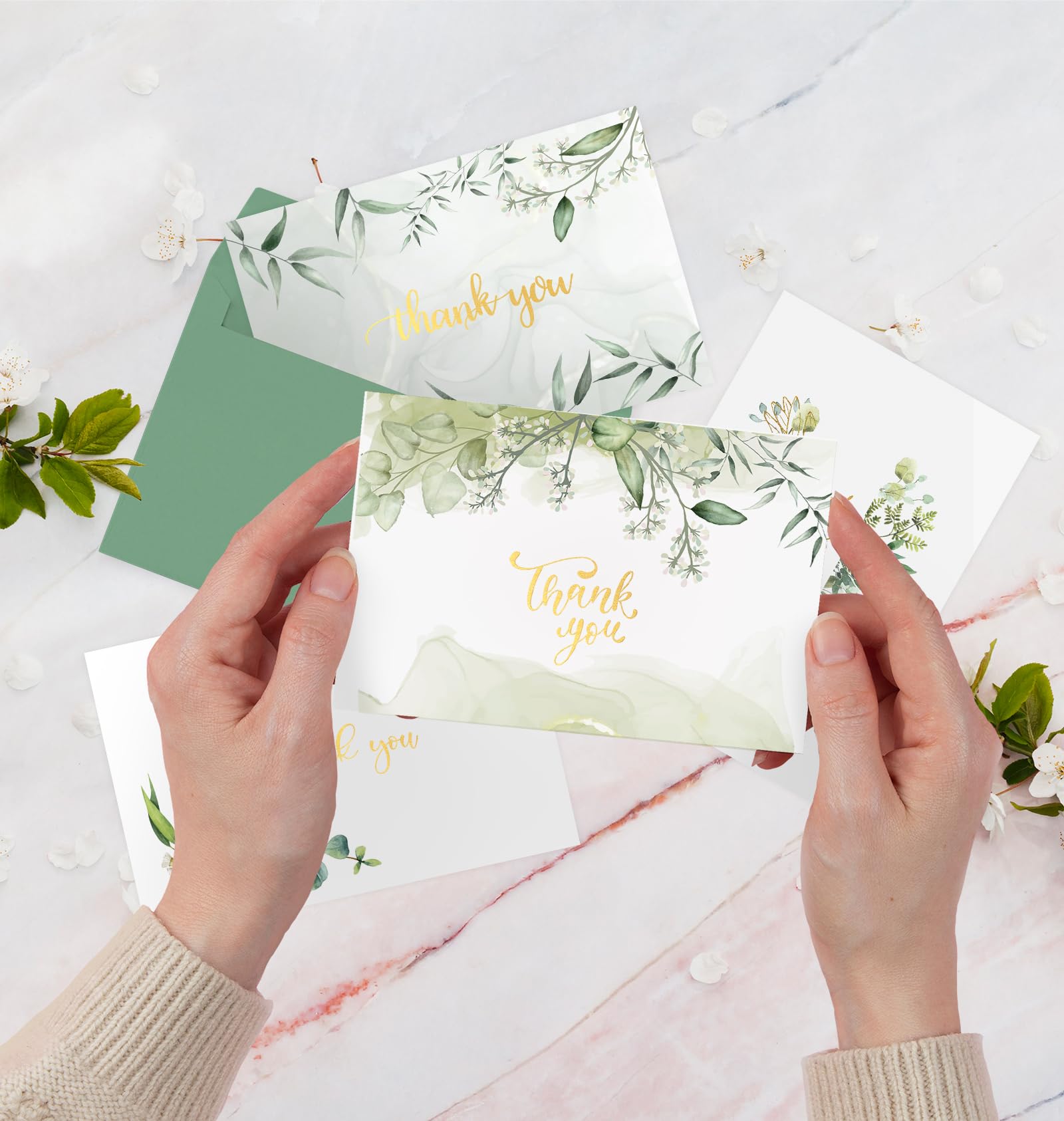 24 Pack Gold Foil Greenery Thank You Cards with Self-adhesive Envelopes, 4"x6" Boxed Watercolor Thank You Note Cards for Bridal Shower, Wedding or Baby Shower, 24 Unique Designs