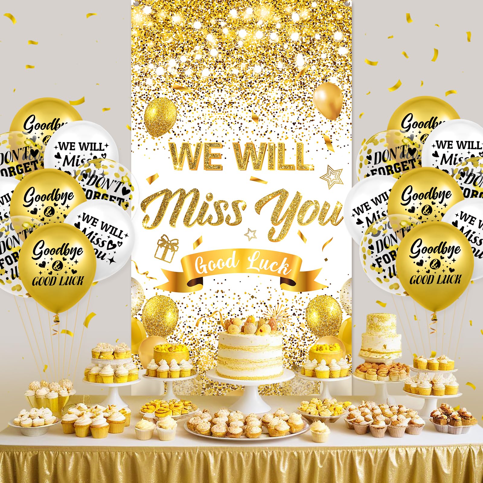 Farewell Party Decorations White Gold We Will Miss You Door Cover Banner and 18Pcs Good Luck Goodbye Balloons for Going Away Retirement Graduation Farewell Anniversary Leaving Party Supplies