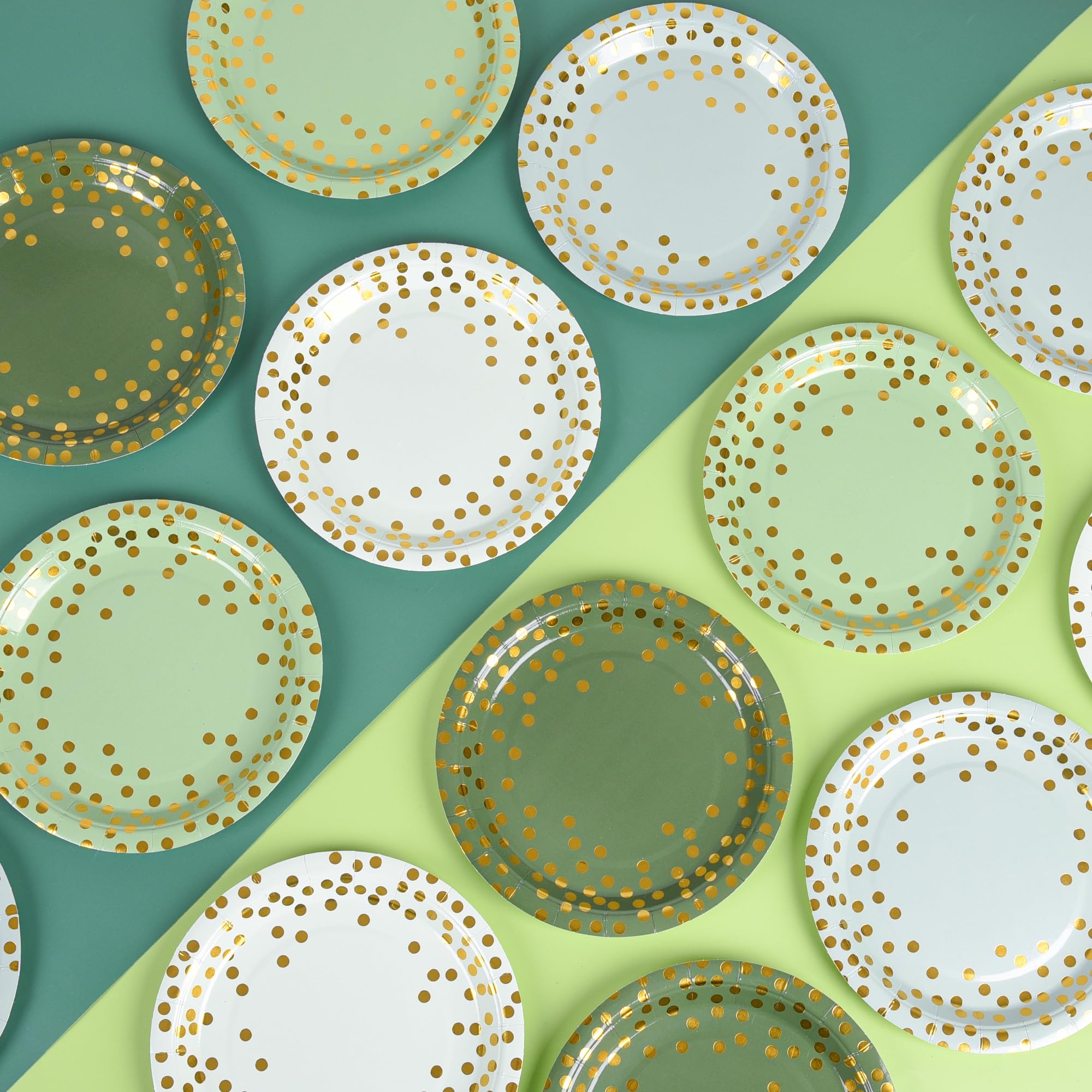 AimFun Sage Green Party Plates Gold Foil Polka Dots Gradient Green Dessert Paper Plates Disposable 7inch Birthday Cake Plates for Bridal Baby Shower Tini Bit Older Party Supplies (24, Sage Green)