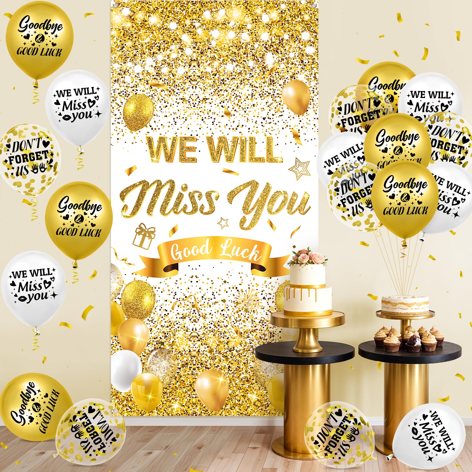 Farewell Party Decorations White Gold We Will Miss You Door Cover Banner and 18Pcs Good Luck Goodbye Balloons for Going Away Retirement Graduation Farewell Anniversary Leaving Party Supplies