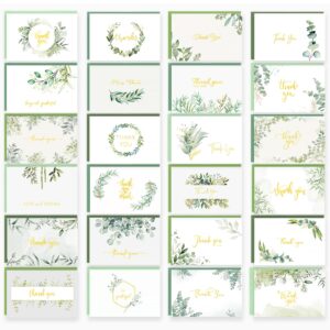 24 pack gold foil greenery thank you cards with self-adhesive envelopes, 4"x6" boxed watercolor thank you note cards for bridal shower, wedding or baby shower, 24 unique designs