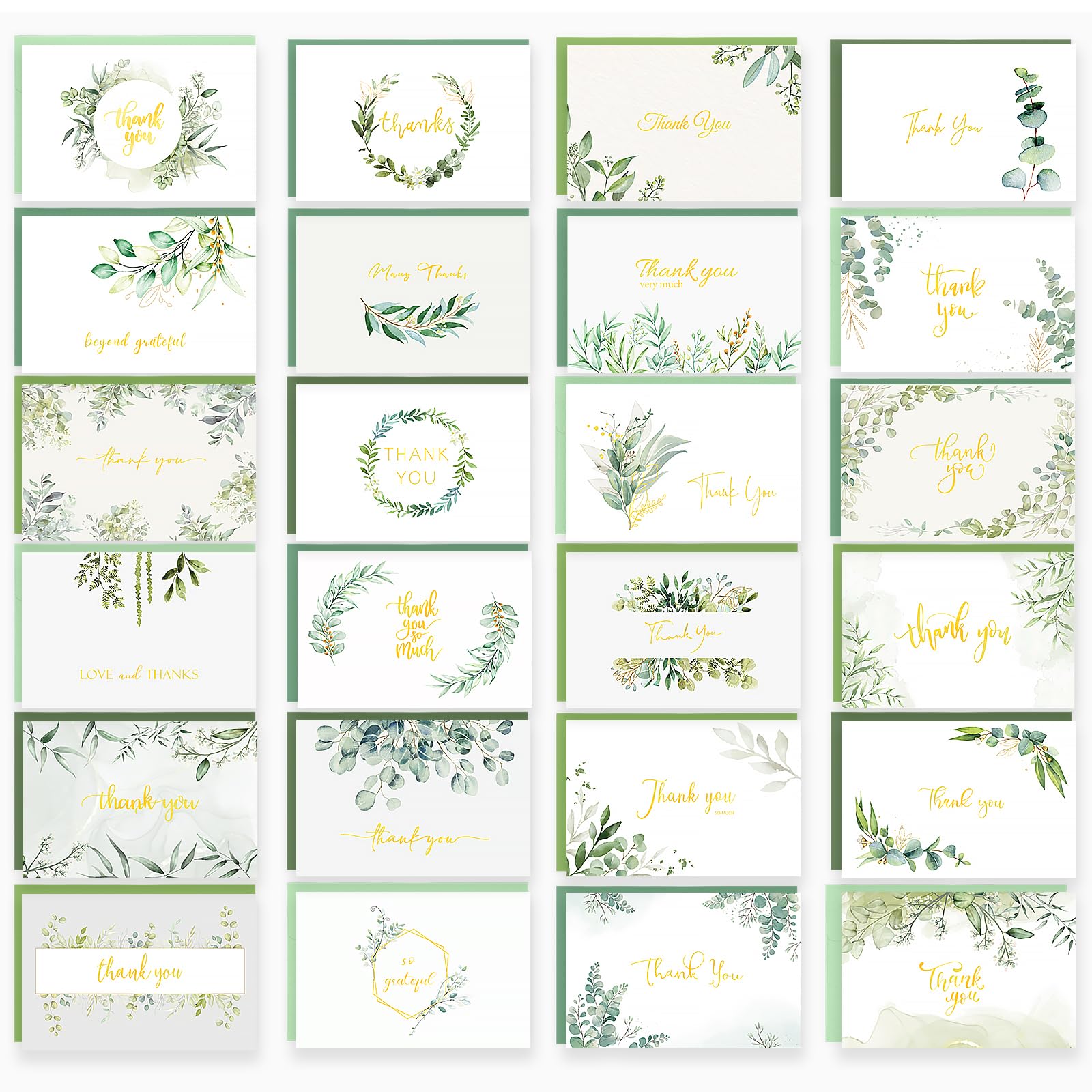 24 Pack Gold Foil Greenery Thank You Cards with Self-adhesive Envelopes, 4"x6" Boxed Watercolor Thank You Note Cards for Bridal Shower, Wedding or Baby Shower, 24 Unique Designs