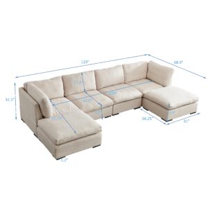 Eafurn U Shaped Down Filled Oversized Cloud Couch with Double Chaise, Deep Seat Free Combination Convertible Corner Sectional Sofa Bed with Detachable Backrest and Wooden Legs for Living Room Office