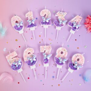 Birthday Number Candles Pink and Purple Butterfly Birthday Candles for Cake Glitter Number 1 Candle Cake Topper with Sequins for Girls and Women Anniversary Celebrations Supplies