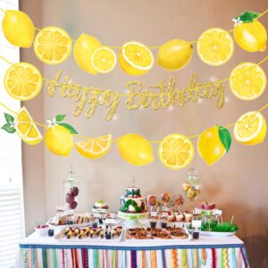 Lemon Happy Birthday Banners Glitter Gold Lemongrass Birthday Party Decorations Yellow Lemon Lemonade Party Decorations for Summer Fruit Birthday Party Lemon Theme Bridal Shower Supplies