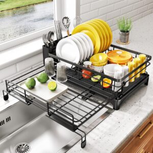 dish drying rack - extendable dish rack, large sink drying dish drainer for kitchen counter, stainless steel dish strainer with utensil holder (black)