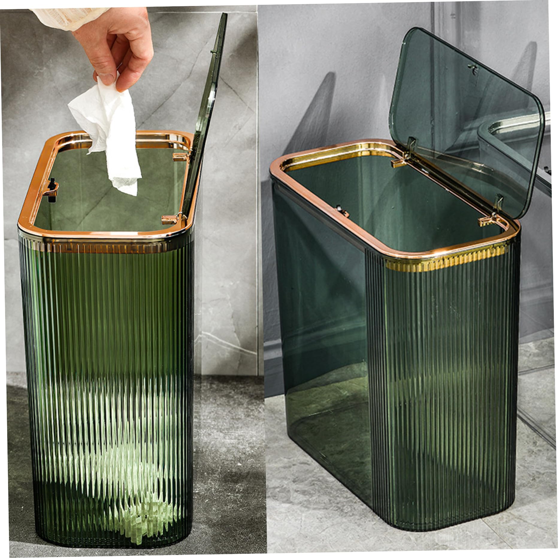 Transparent Trash Can, 12.2x6.1x11.8 inch Green Garbage Can, Bathroom Trash Cans with Lids, Plastic Slim Waste Basket, Space-saving Trash Can