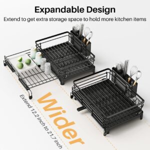 Dish Drying Rack - Extendable Dish Rack, Large Sink Drying Dish Drainer for Kitchen Counter, Stainless Steel Dish Strainer with Utensil Holder (Black)