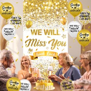 Farewell Party Decorations White Gold We Will Miss You Door Cover Banner and 18Pcs Good Luck Goodbye Balloons for Going Away Retirement Graduation Farewell Anniversary Leaving Party Supplies