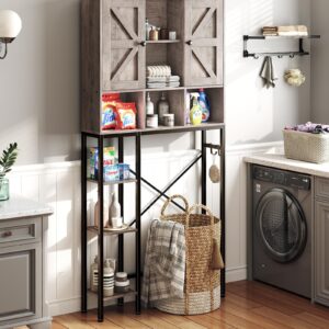 CHOEZON Over The Toilet Storage, Farmhouse Bathroom Storage Cabinet, Over Toilet Shelf with Storage Cabinet, Bathroom Organizer with Hooks, for Bathroom, Restroom, Charcoal Gray and Black TTS01HC