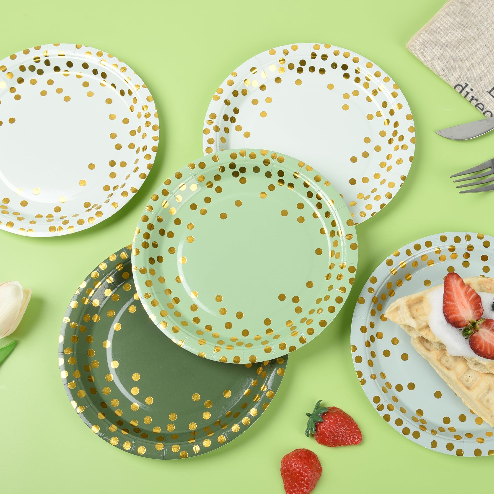 AimFun Sage Green Party Plates Gold Foil Polka Dots Gradient Green Dessert Paper Plates Disposable 7inch Birthday Cake Plates for Bridal Baby Shower Tini Bit Older Party Supplies (24, Sage Green)