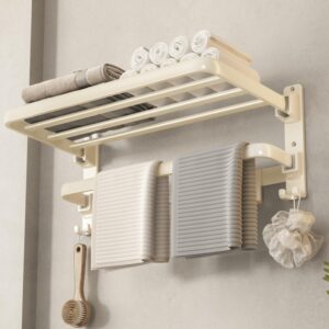 voldra towel racks for bathroom, 24-inch towel shelf with towel bar foldable towel holder with 7 hooks towel storage organizer for bathroom & lavatory wall mounted(cream white)