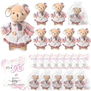 poen 25 sets bear baby shower favor for guest 25 stuffed plush mini bears plaid tiny stuffed bear 25 thank you cards and organza bag for gender reveal guest gifts (girl)