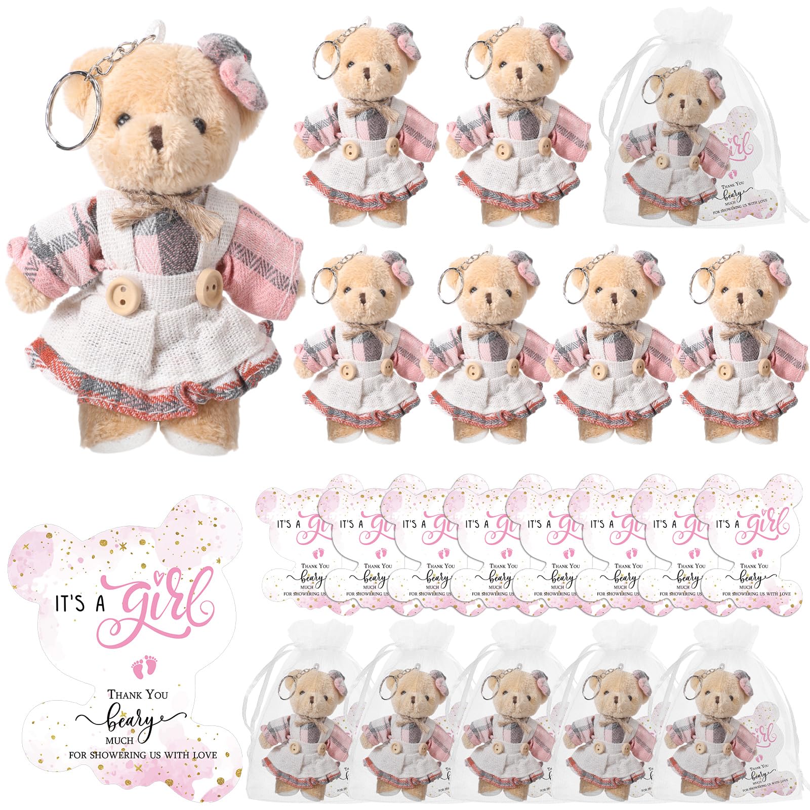 Poen 25 Sets Bear Baby Shower Favor for Guest 25 Stuffed Plush Mini Bears Plaid Tiny Stuffed Bear 25 Thank You Cards and Organza Bag for Gender Reveal Guest Gifts (Girl)