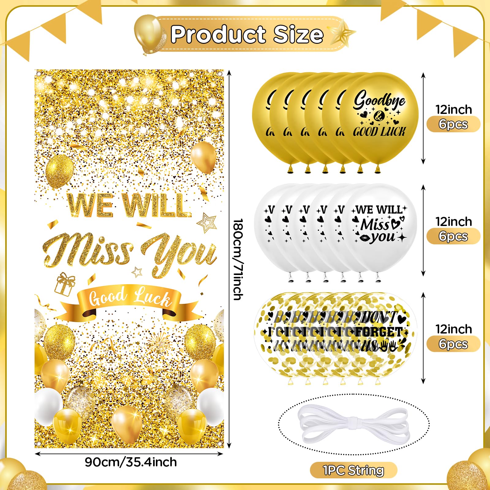 Farewell Party Decorations White Gold We Will Miss You Door Cover Banner and 18Pcs Good Luck Goodbye Balloons for Going Away Retirement Graduation Farewell Anniversary Leaving Party Supplies