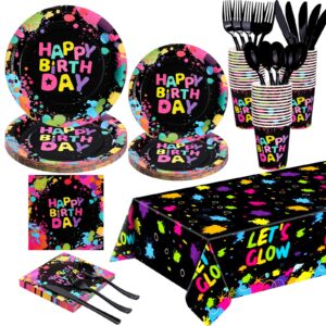 gudvilla neon birthday party decorations,169pcs neon plates birthday plates and napkins for glow in the dark party supplies 80s graffiti glow birthday party decorations serves 24