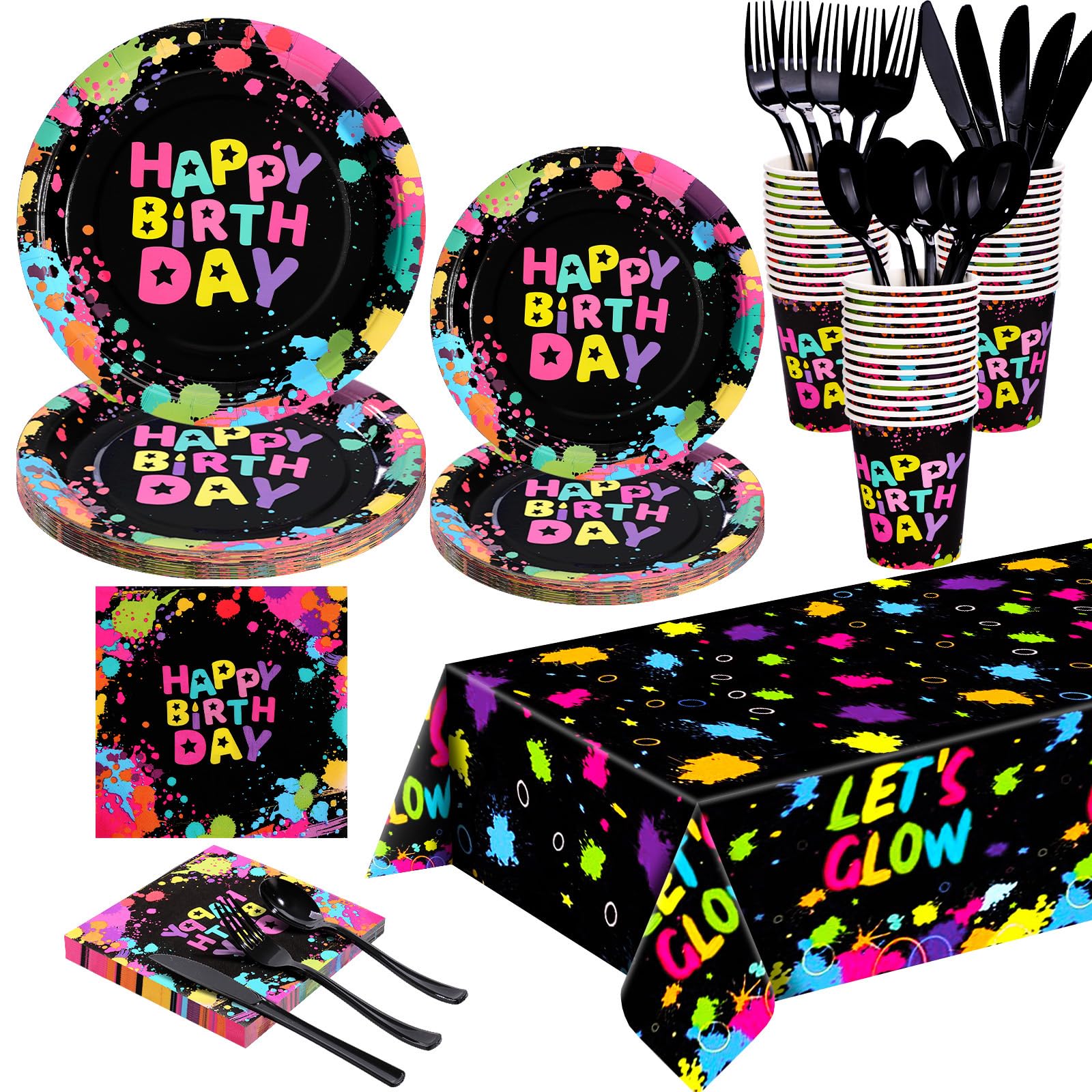 Gudvilla Neon Birthday Party Decorations,169pcs Neon Plates Birthday Plates and Napkins for Glow in The Dark Party Supplies 80s Graffiti Glow Birthday Party Decorations Serves 24