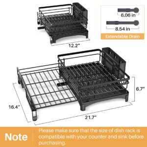 Dish Drying Rack - Extendable Dish Rack, Large Sink Drying Dish Drainer for Kitchen Counter, Stainless Steel Dish Strainer with Utensil Holder (Black)