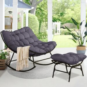 porwey patio rocking papasan chair, outdoor & indoor egg reading recliner chair, oversized royal comfy lounge rocker with large cushion and ottoman for bedroom, living room, porch, gray