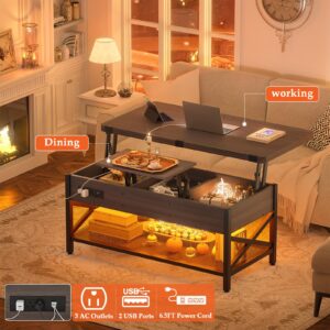 Aheaplus Coffee Table Lift Top Multi-Function Coffee Table Converts to Dining Table, with LED Light and Power Outlet, Center Table with Shelves for Living Room Reception Home Office,-S2, Espresso