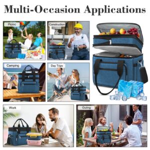 23L Extra Large Expandable Insulated Cooler Lunch Box for Men Double Deck Leakproof Heavy Duty Lunch Bag with 4 Ice packs&2 Snack Bags for Adult/Construction/Women/Work/Picnic/Camping - Blue