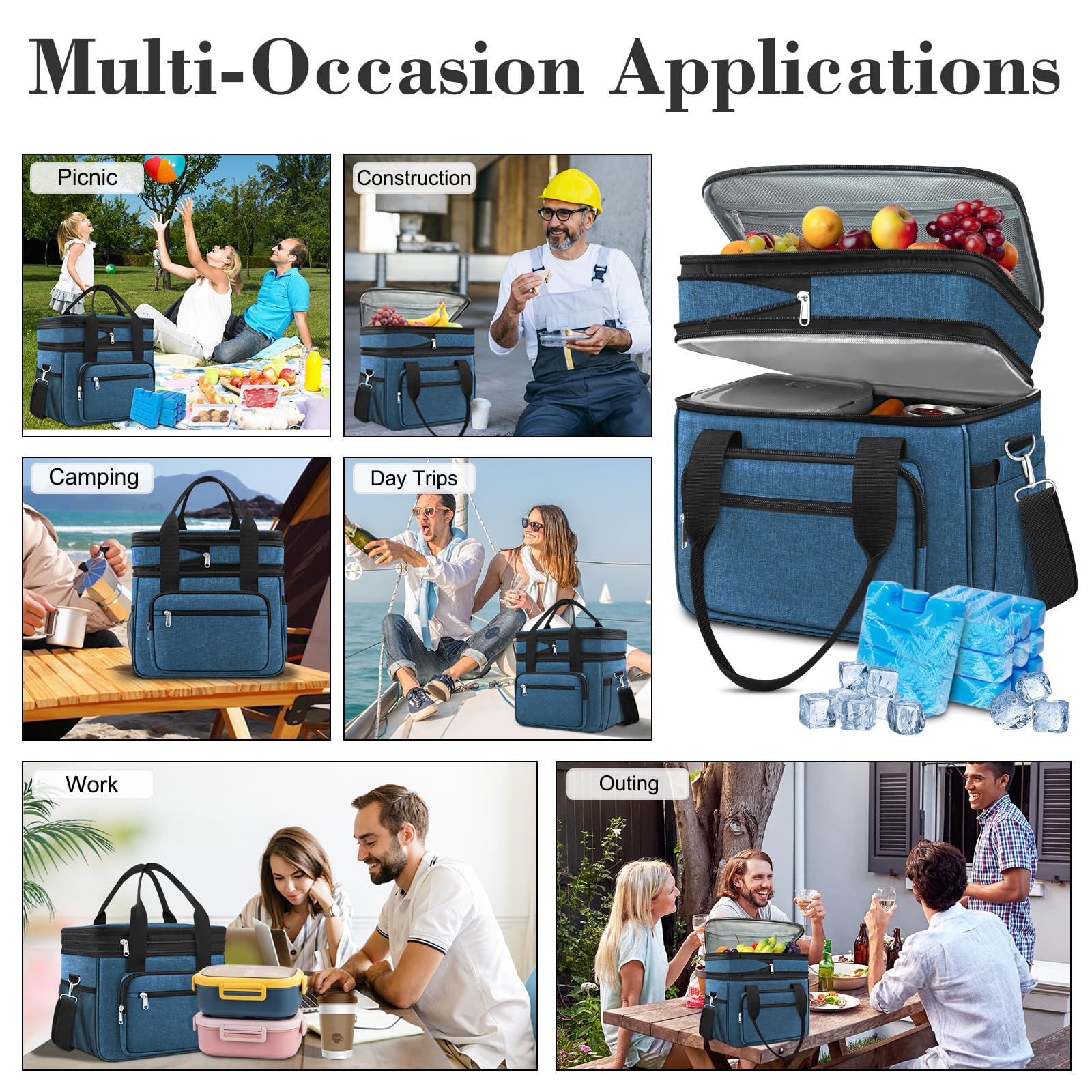 23L Extra Large Expandable Insulated Cooler Lunch Box for Men Double Deck Leakproof Heavy Duty Lunch Bag with 4 Ice packs&2 Snack Bags for Adult/Construction/Women/Work/Picnic/Camping - Blue