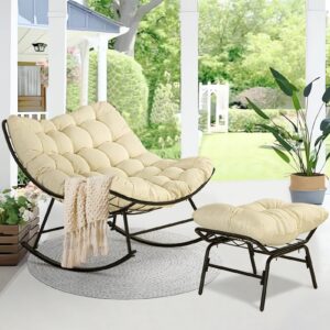 porwey patio rocking papasan chair, outdoor & indoor egg reading chair, oversized royal comfy cozy lounge rocker recliner with large cushion, steel frame and ottoman for bedroom, living room,beige