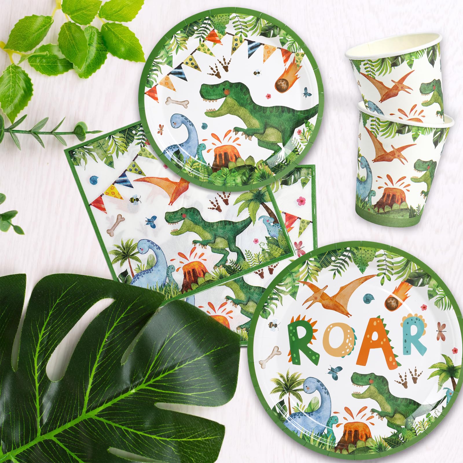 96Pcs Dinosaur Birthday Party Supplies -24 Guest Dino Plates Cups and Napkins For Boys Kids three rex Birthday decorations Baby Shower