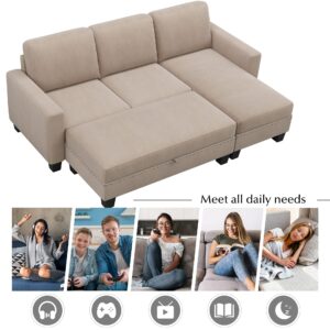 LOIHB 81"" Reversible Sectional Couch with Storage Chaise L-Shaped Sofa for Apartment Sectional Set,Sectional Sofa,Nailhead Textured Linen Fabric 3 Pieces Sofa Set,Warm Grey, GS001066AAE