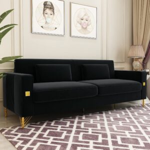 iqiaite 85" wide velvet loveseat sofa mid century modern comfy 3 seat couch black tufted love seat sofas with 2 pillows gold legs for living room office apartment furniture solid wood frame