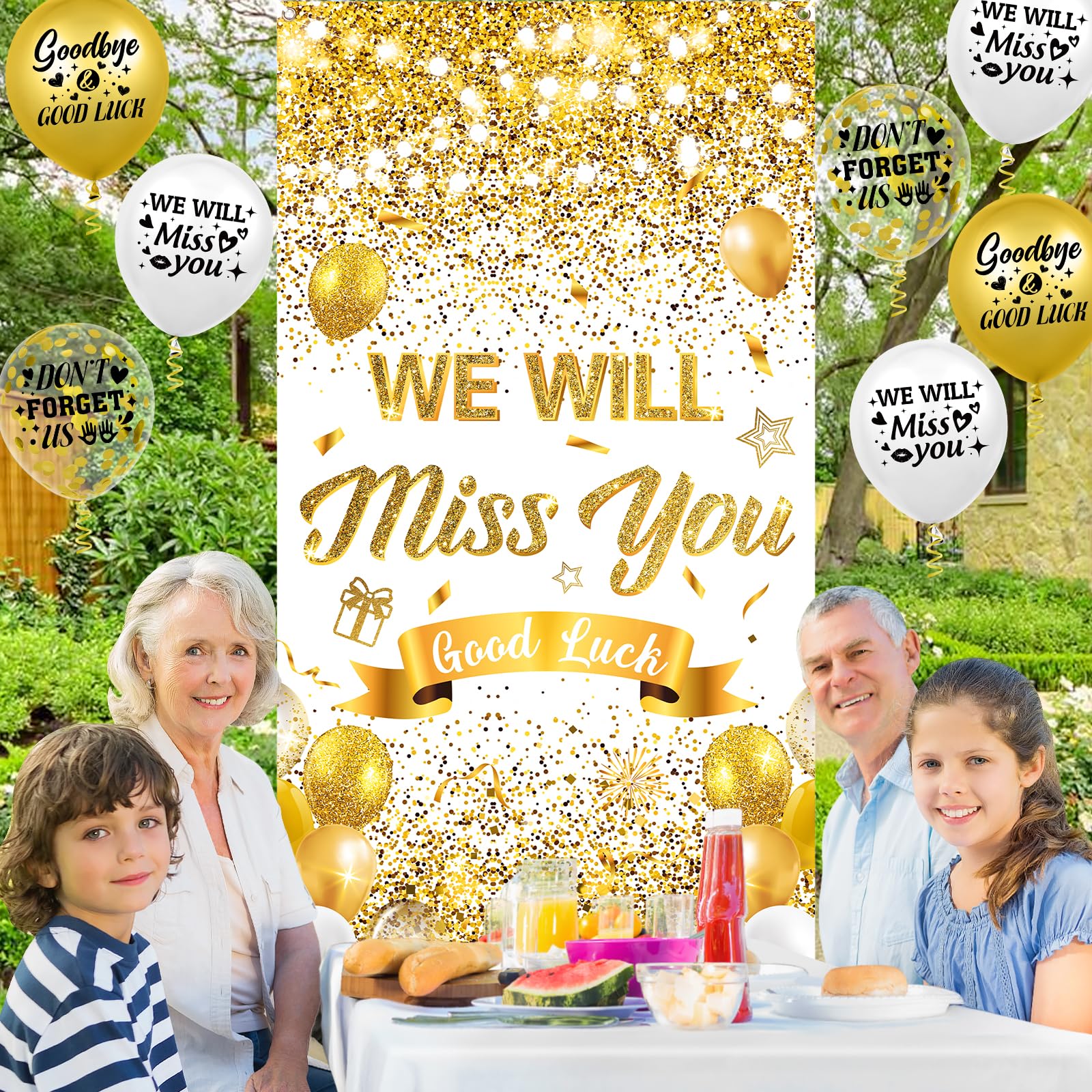 Farewell Party Decorations White Gold We Will Miss You Door Cover Banner and 18Pcs Good Luck Goodbye Balloons for Going Away Retirement Graduation Farewell Anniversary Leaving Party Supplies