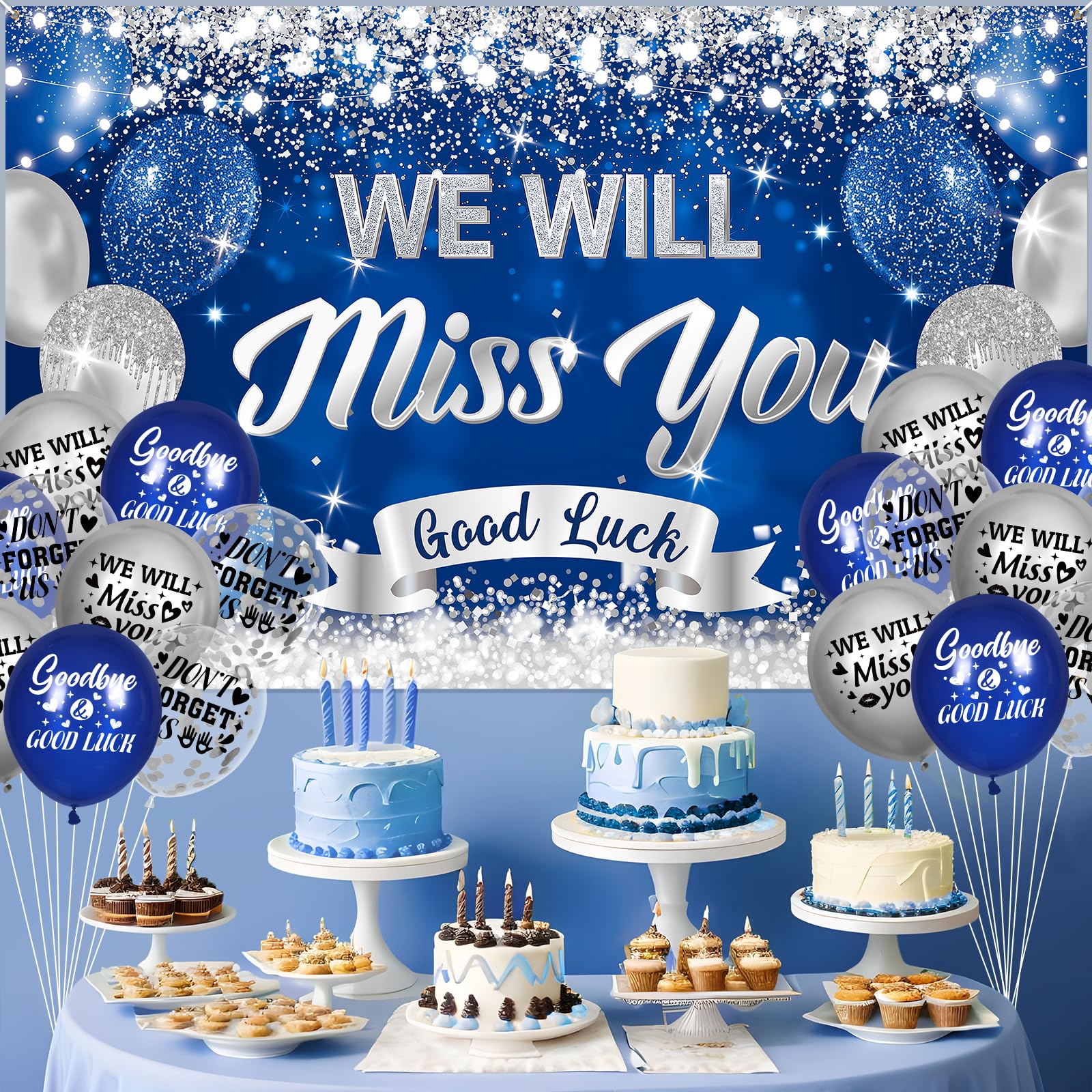 Blue Sliver Farewell Party Decorations Good Luck We Will Miss You Banner 18PCS We Will Miss You Balloons for Boys and Men Farewell Going Away Retirement Graduation Goodbye Party Supplies