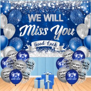 blue sliver farewell party decorations good luck we will miss you banner 18pcs we will miss you balloons for boys and men farewell going away retirement graduation goodbye party supplies