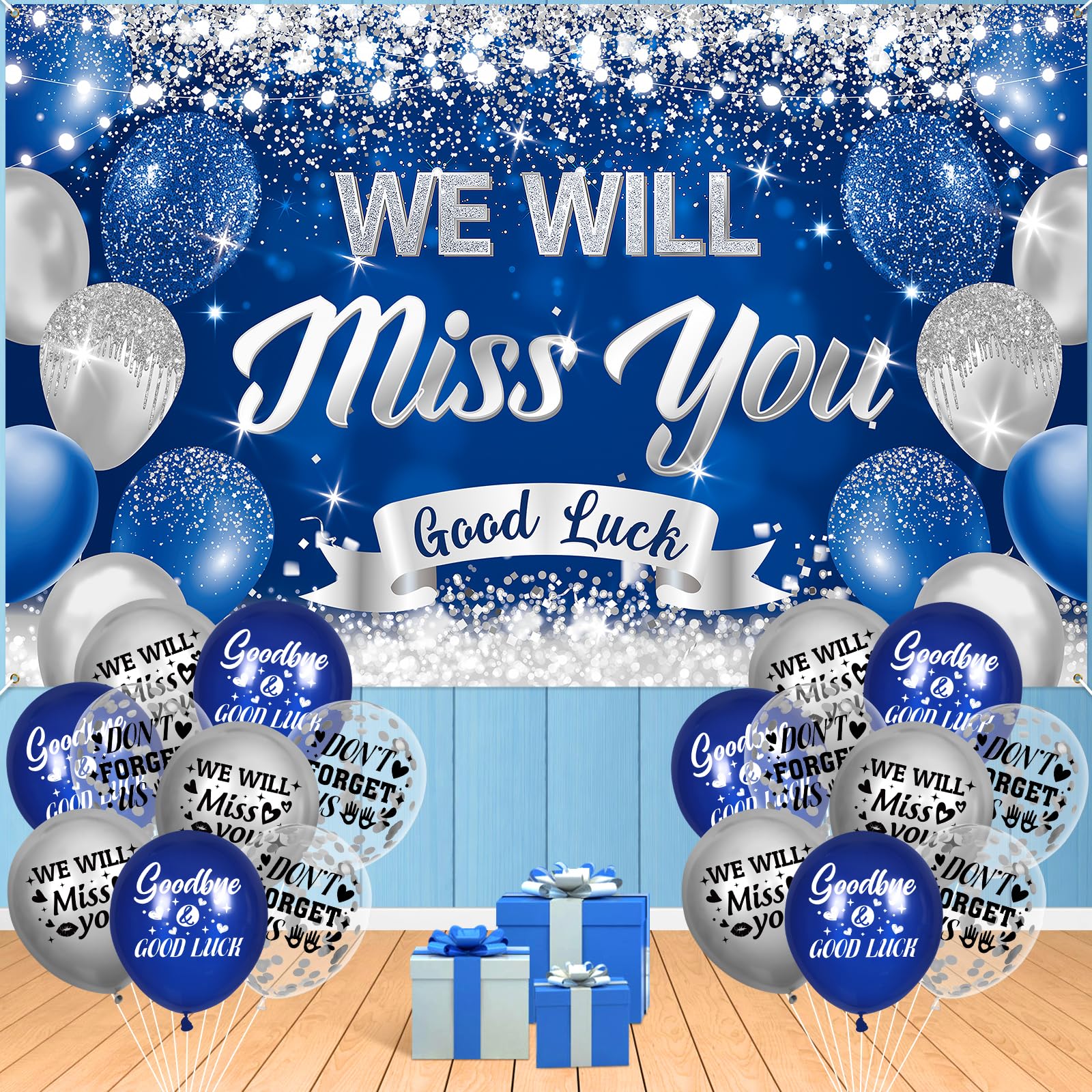 Blue Sliver Farewell Party Decorations Good Luck We Will Miss You Banner 18PCS We Will Miss You Balloons for Boys and Men Farewell Going Away Retirement Graduation Goodbye Party Supplies