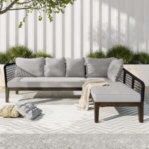 merax l-shaped patio sofa with removable cushions, all-weather outdoor conversation set with throw pillows for garden, lawn, poolside, grey