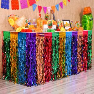 mega-l fiesta party decorations 2pack mexican wavy metallic tinsel foil fringe table skirt for dia de los muertos table,day of the dead decorations perfect for taco birthday party,cinco de mayo decor