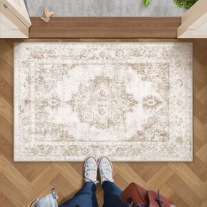 area rug 2x3 vintage rug: small washable indoor medallion entryway rug low pile distressed floor carpet retro accent doormat for bedroom bathroom hallway kitchen home office(beige, 2'x3')